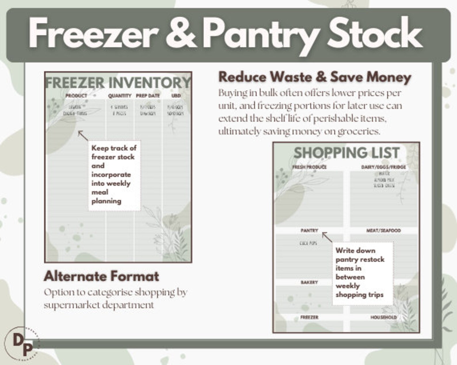 Printable Meal Planner and Grocery List, Freezer Tracker Template ...