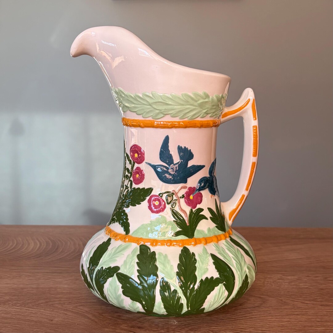 Vintage Hand-painted Pitcher With Birds & Florals | Decorative Ceramic ...