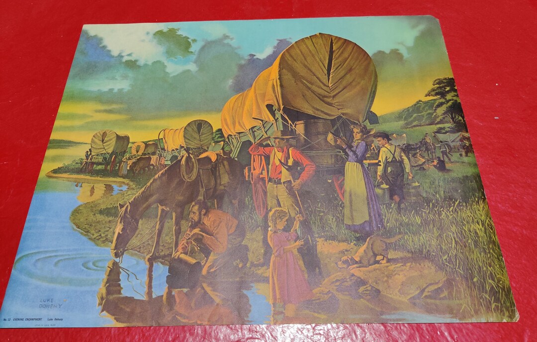 Vintage Luke Doheny Lithograph Wagon Pioneer Western Print evening ...