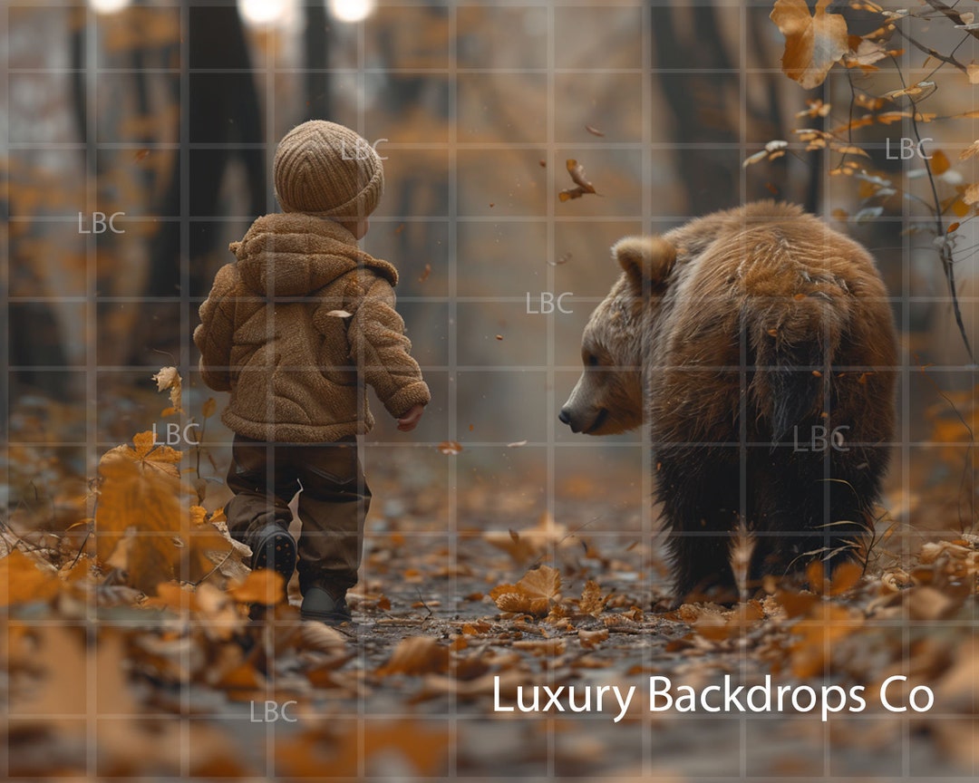 Fall Digital Backdrop Photography, Bear at Autumn Forest Road Digital ...