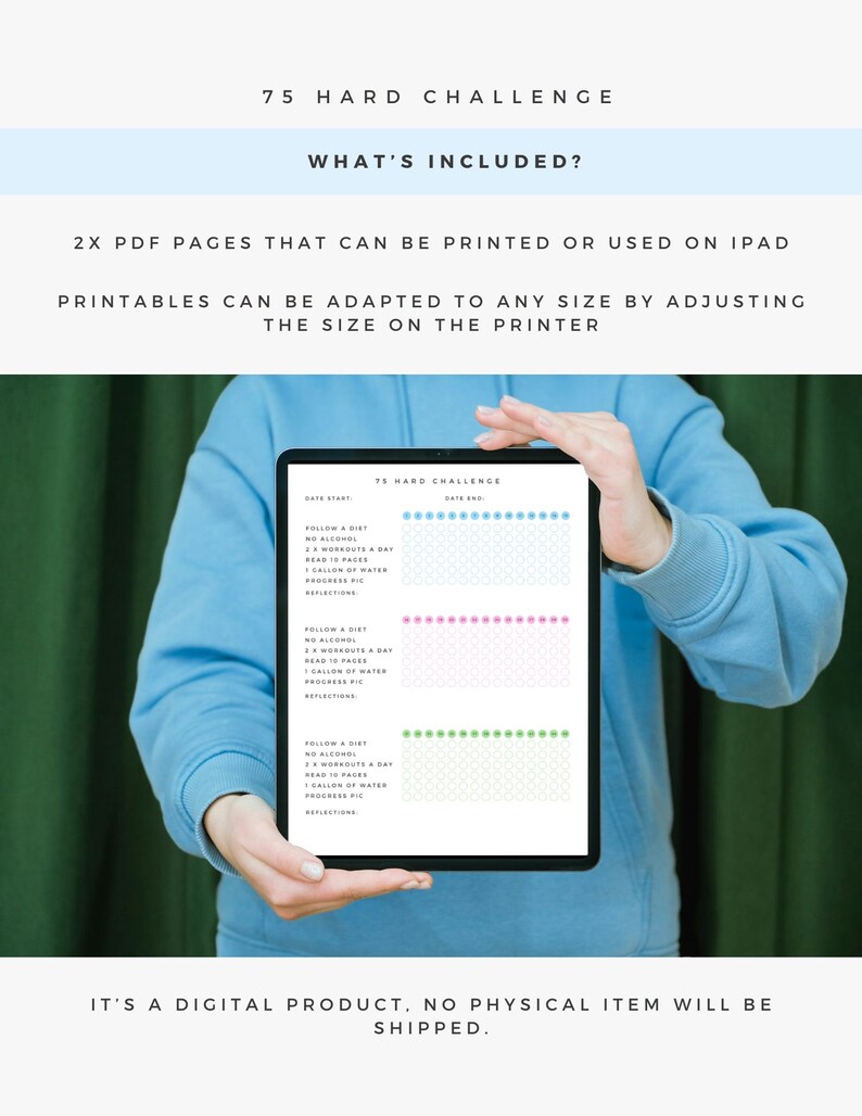 75 Hard Challenge Printable Template Workout Plan 75 Day Challenge ...