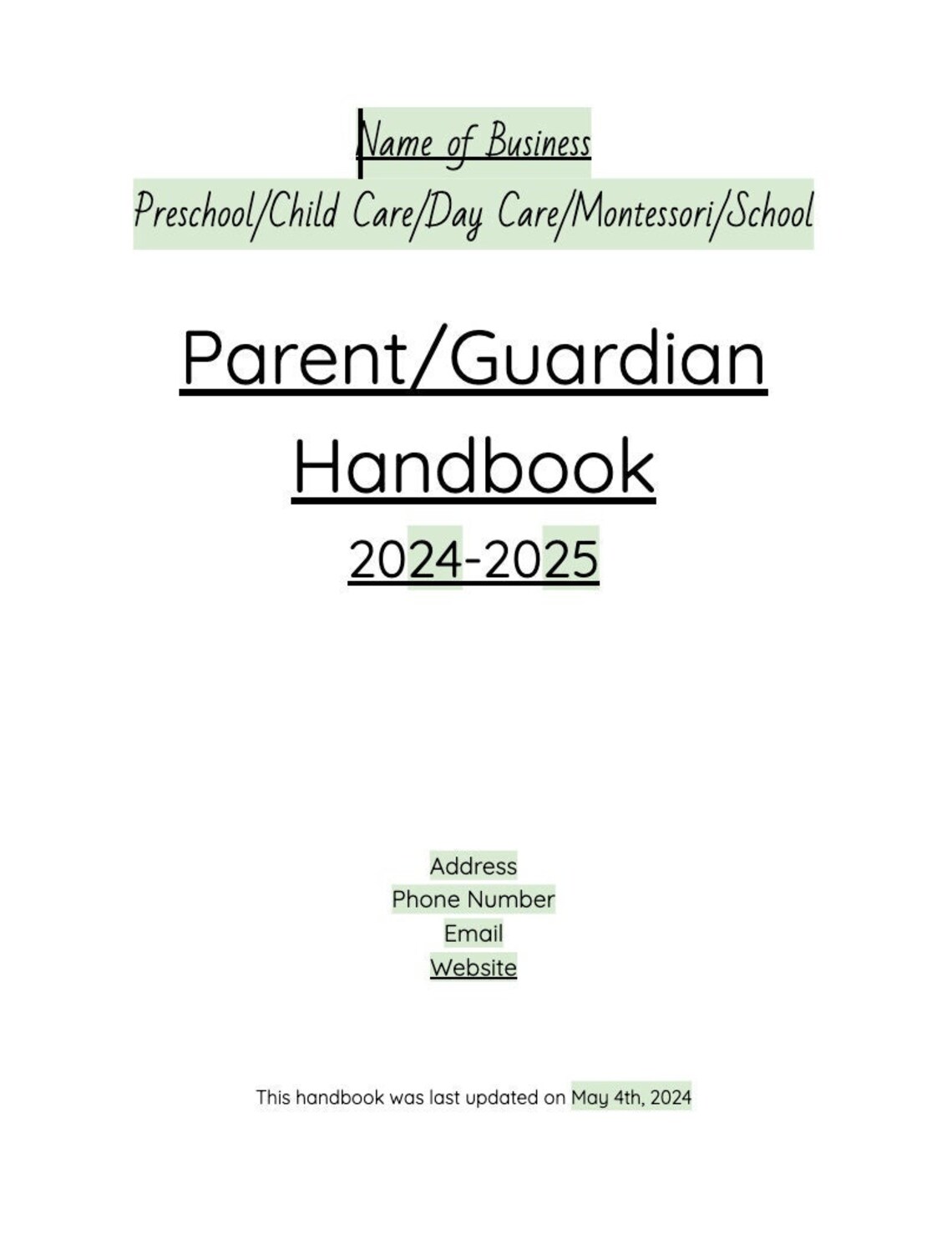 Editable Parent Handbook: Child Care, Preschool & Montessori (digital ...