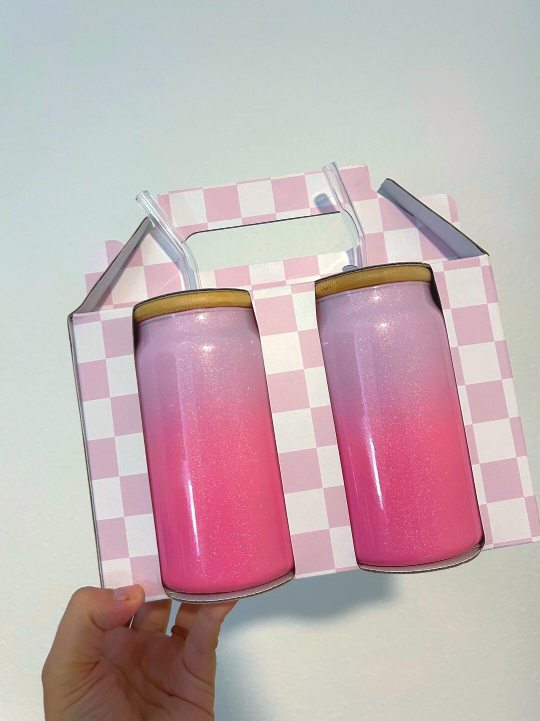 PINK Ombré Glass Cup Set 16oz W/lid and Glass Straw - Etsy