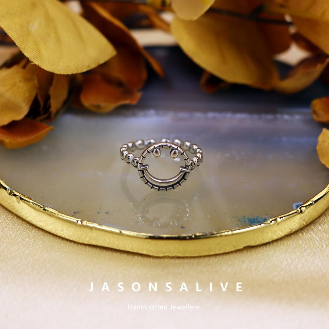 S925 Sterling Silver Smile Face Ring for Women, Happy Expression Finger ...