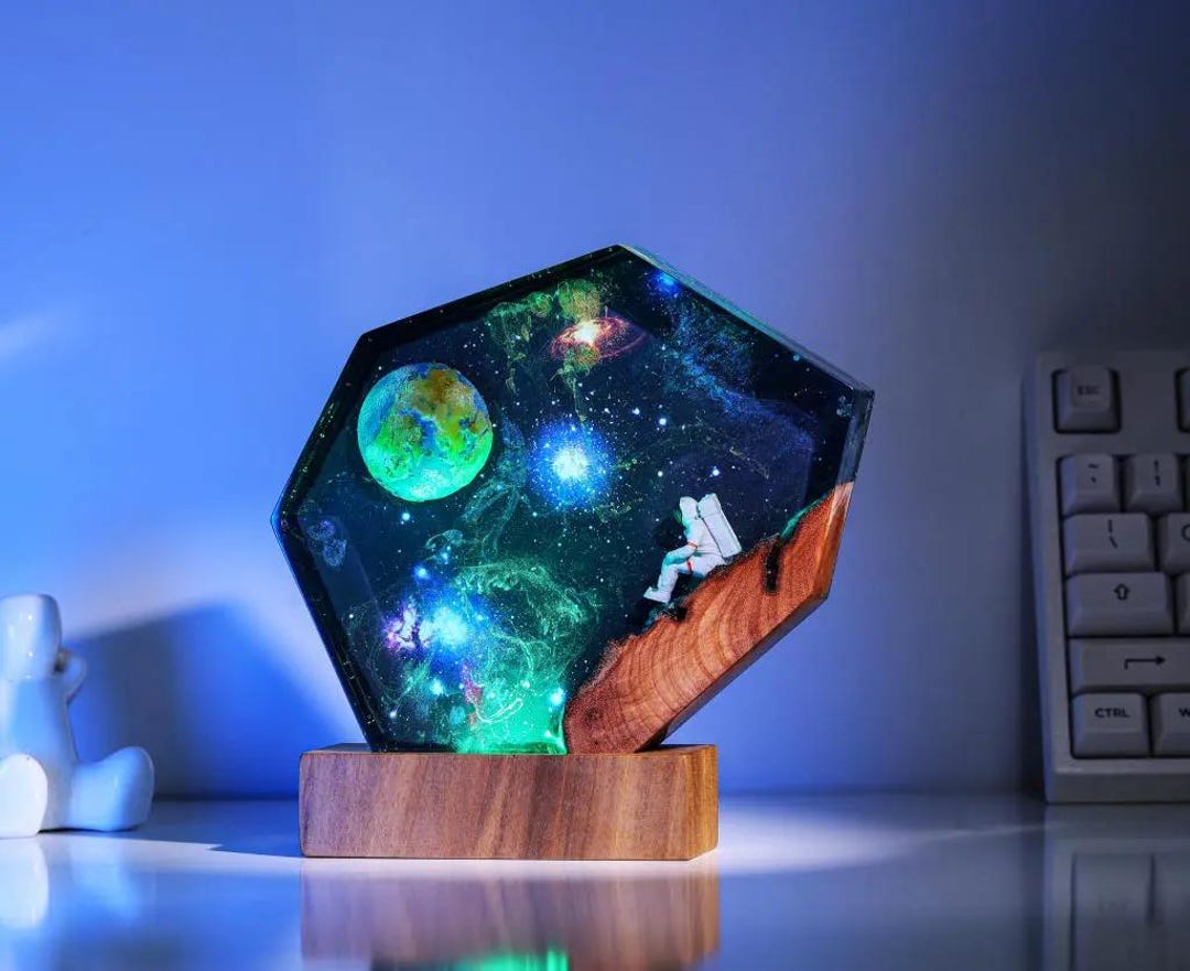 Gala.xy Astr.onaut Plane Earth EPOXY LAMP, Space Galaxy Resin and Wood ...