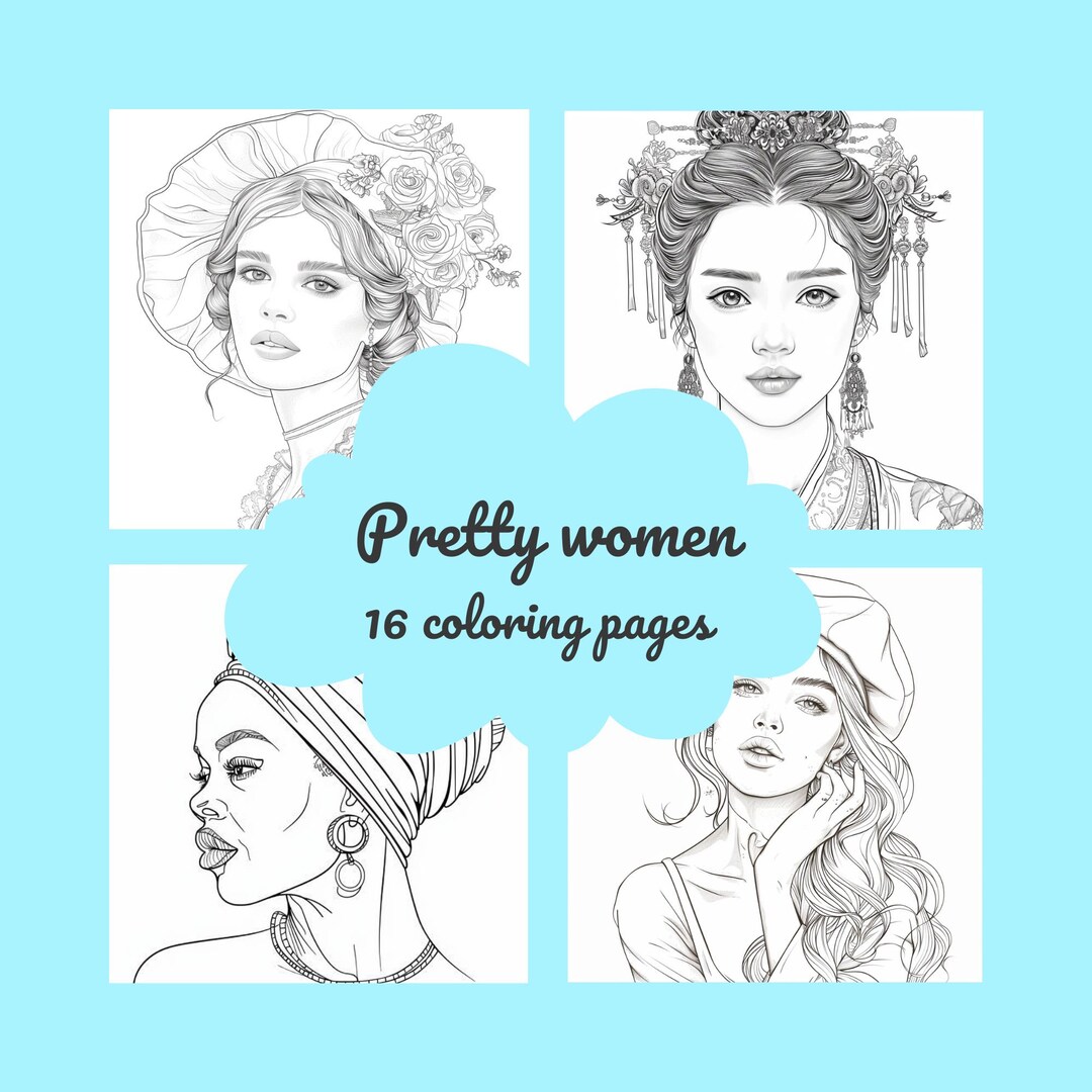 Pretty Women Coloring Book, 16 Coloring Pages for Adults and Kids ...