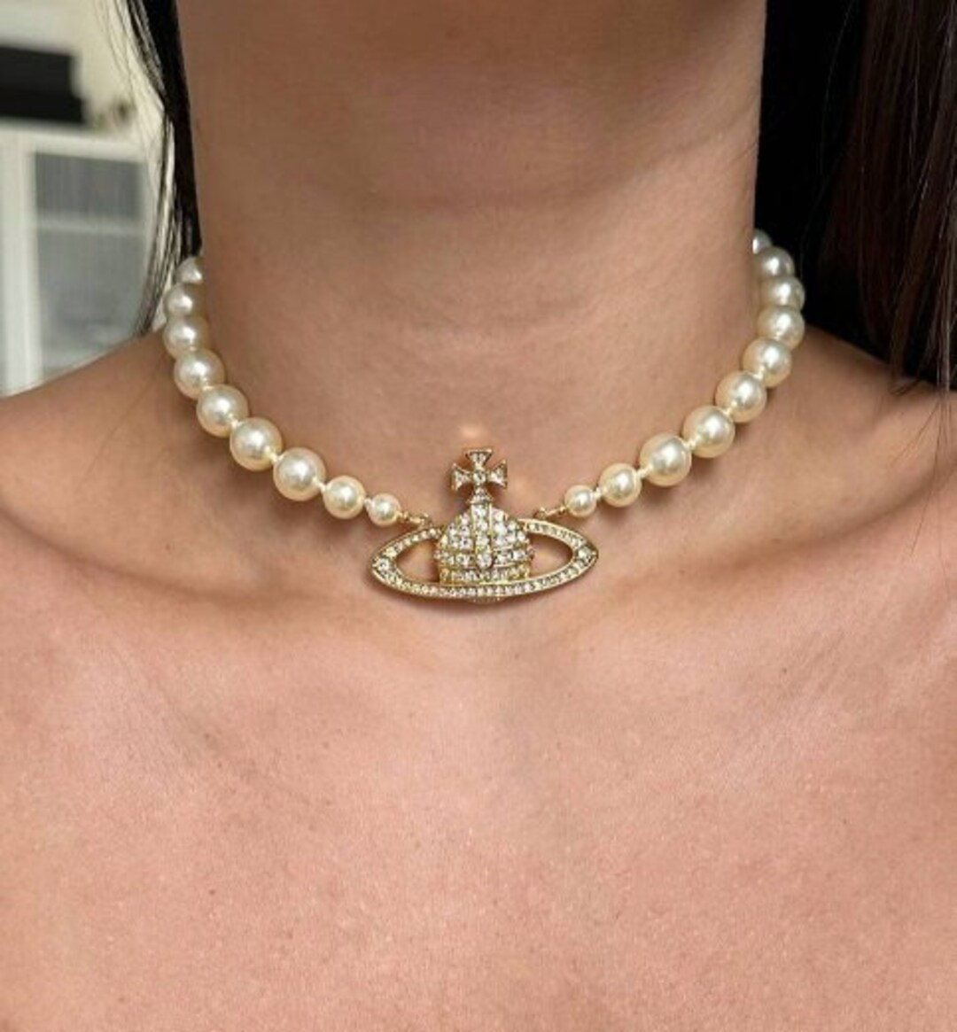 Pearl Choker Necklace Trendy Fashion Cross Saturn Orb Rhinestone ...