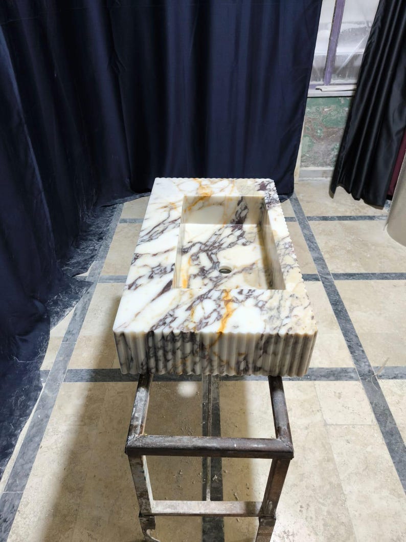 Elegant Calacatta Marble Sink With Fine Veining, Wall Mounted Natural ...