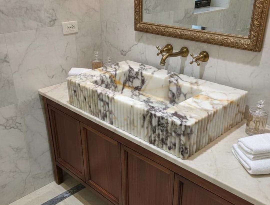Elegant Calacatta Marble Sink With Fine Veining, Wall Mounted Natural ...