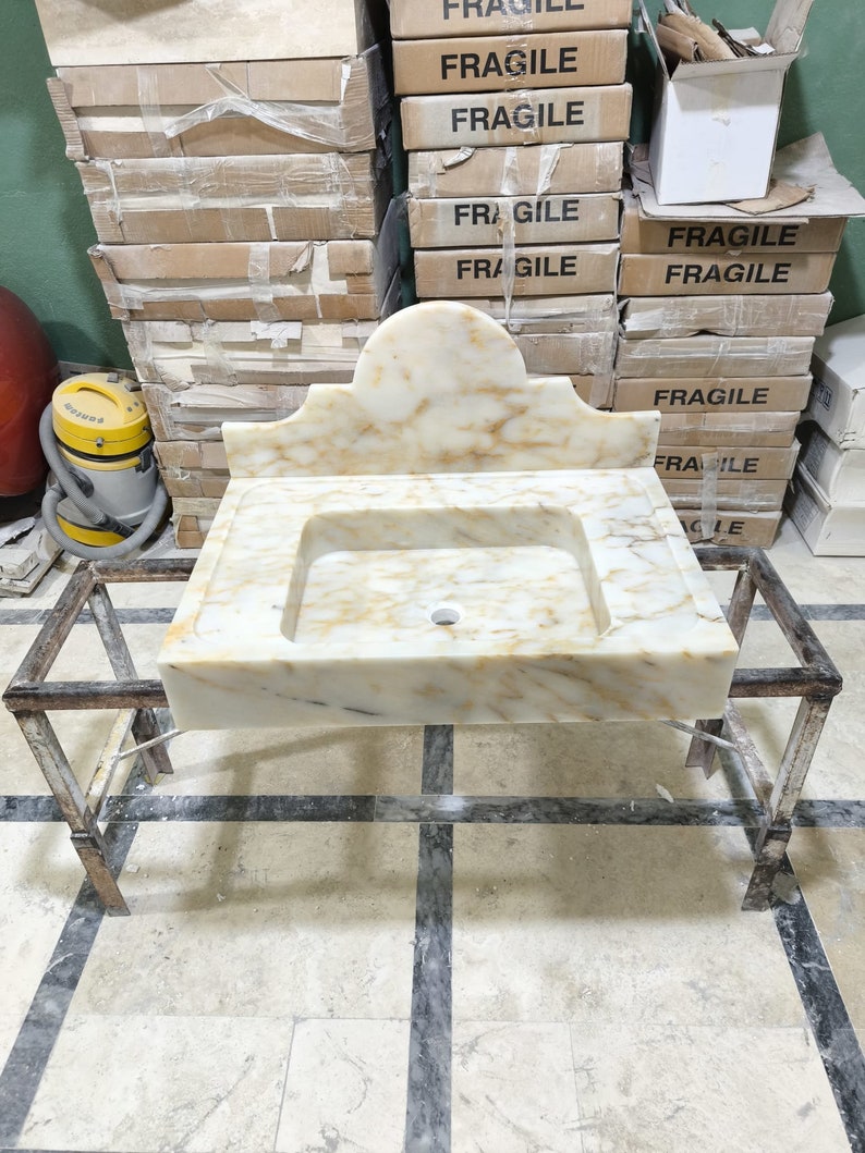 Calacatta Sugar Marble Sink Wall Mount Marble Sink With Backsplah ...