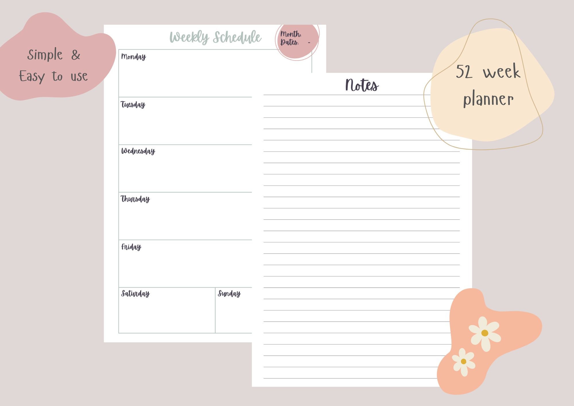 Pastel Flower Digital Planner Weekly Schedule Simple & Easy Aesthetic ...