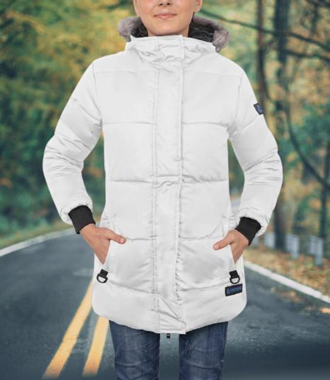 Women's White Long Parka Puffer Jacket, Faux Fur Trim Hooded Coat ...