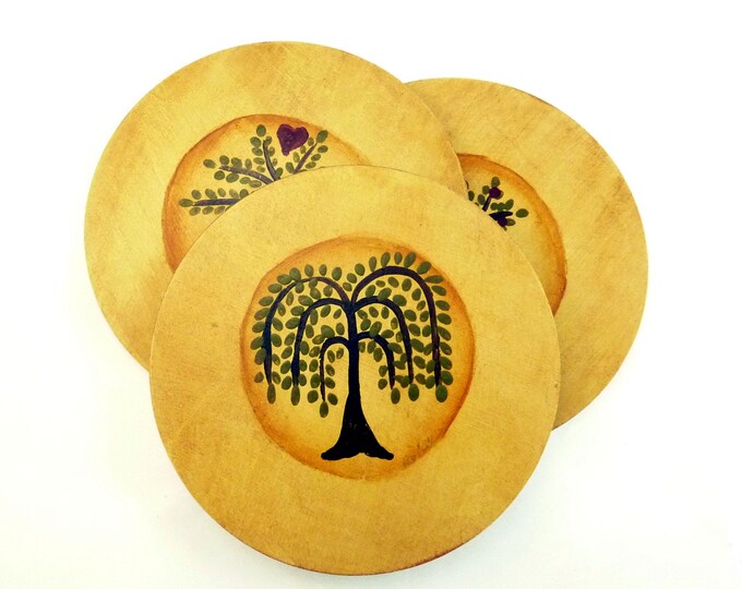 3 Hand Painted Primitive Tree Wood and Cork Coasters. 3 - Etsy