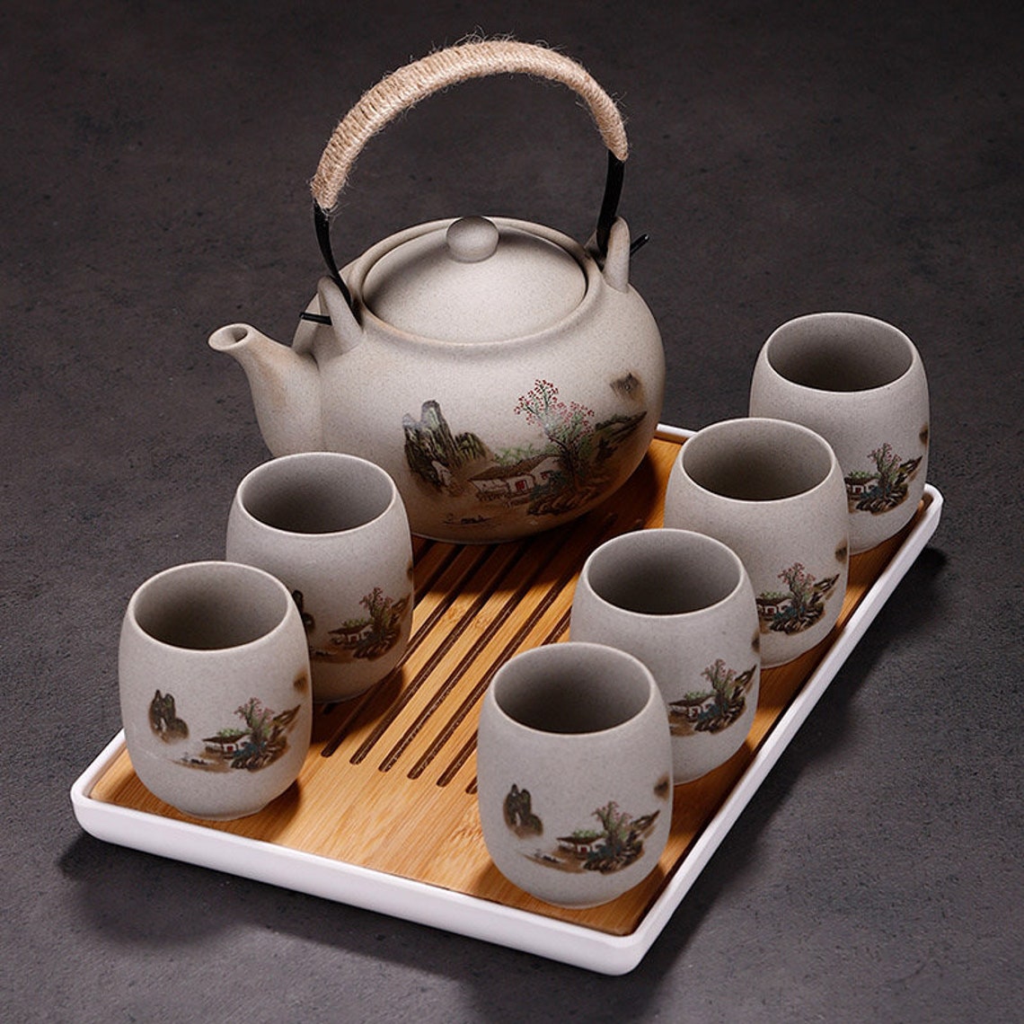 Pastoral Style Ceramic Tea Set, Stoneware Teapot With Handle, 1 Pot 6 ...