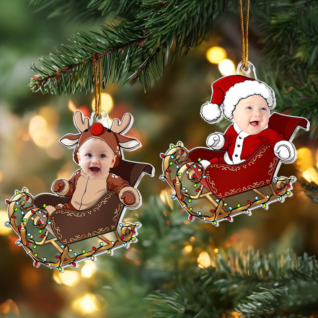 Personalized Baby Photo Ornament: Custom Face Santa Sleigh Acrylic Xmas ...