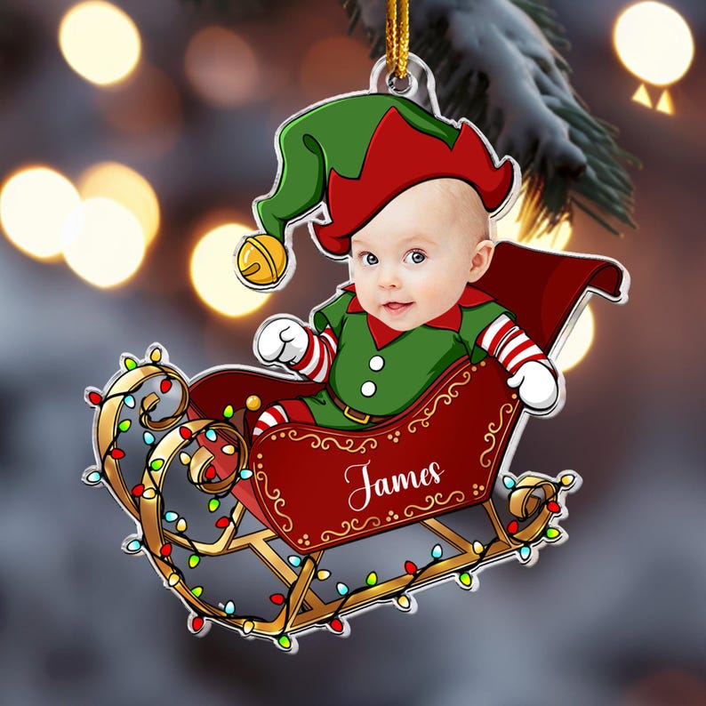 Personalized Baby Photo Ornament: Custom Face Santa Sleigh Acrylic Xmas ...