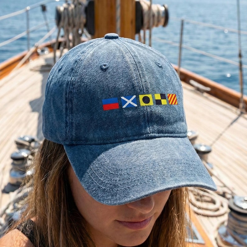 Personalized Name in Nautical Flags Distressed Denim Cap, Fathers Day ...