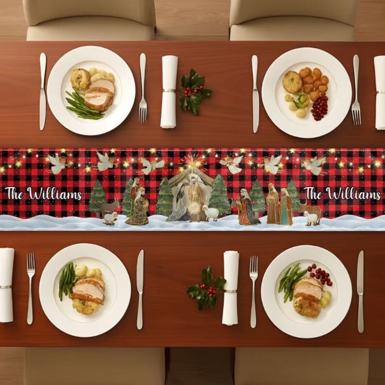 O Holy Night Nativity Scene Buffalo Plaid Christmas Dining Table ...