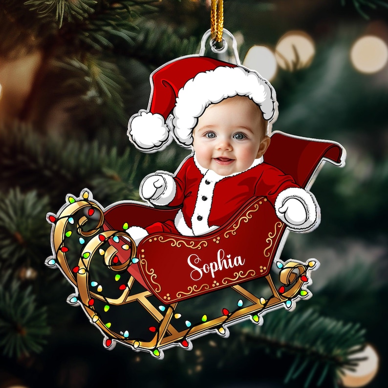 Personalized Baby Photo Ornament: Custom Face Santa Sleigh Acrylic Xmas ...