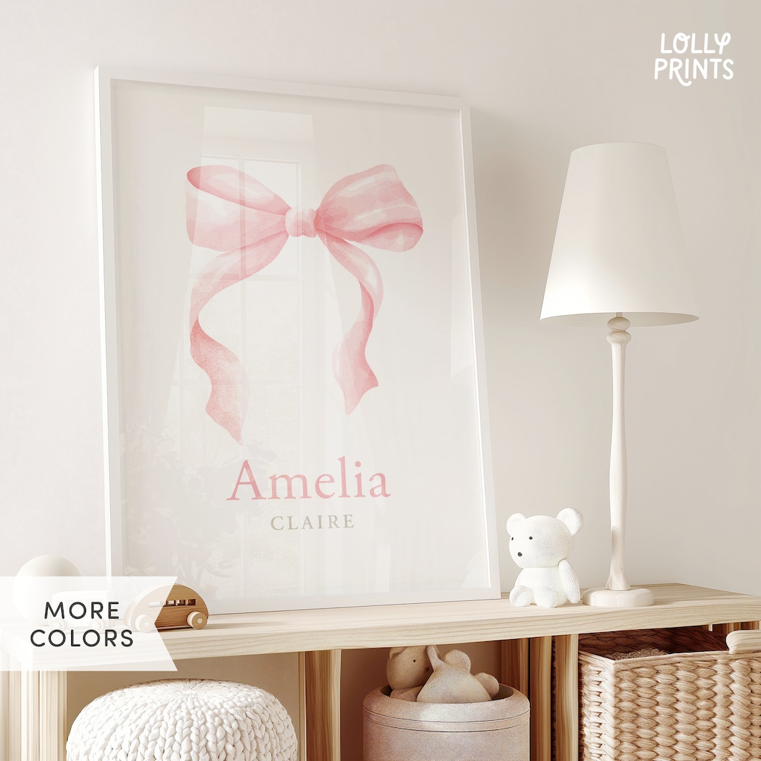 Coquette Pink Bow Wall Decor Personalized Name Print, Custom Kids Bow ...