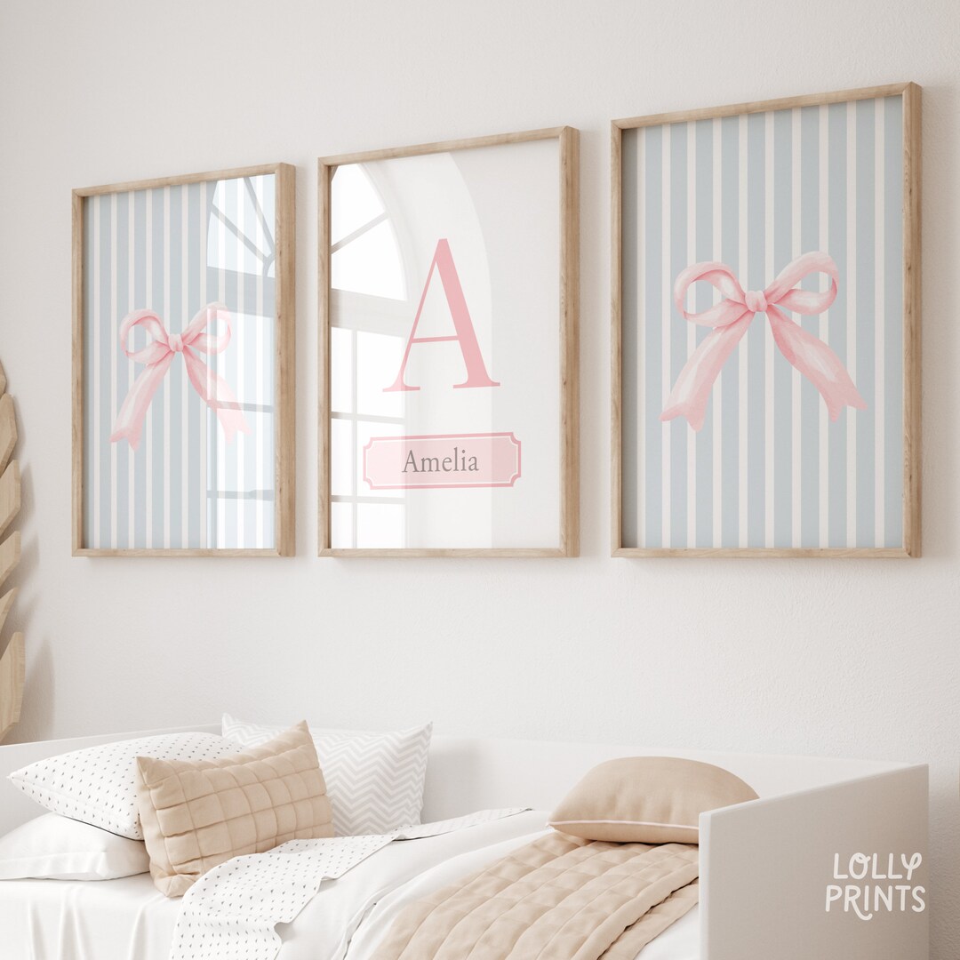 Custom Initial Name Pink Bow Coquette Room Decor Poster Set of 3 ...