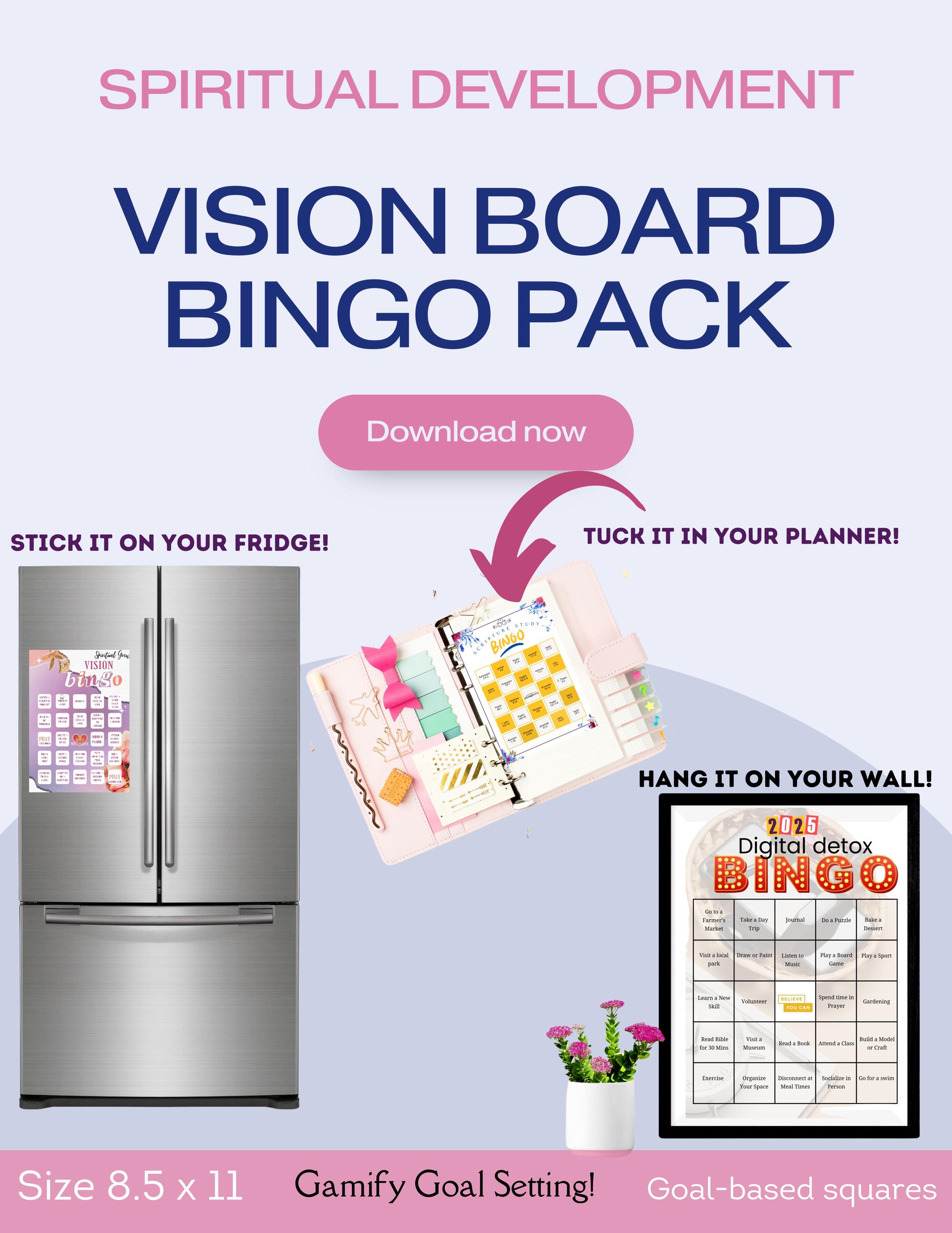 Vision Board Bingo Spiritual Growth Edition 2025 3 Pack Digital Detox ...