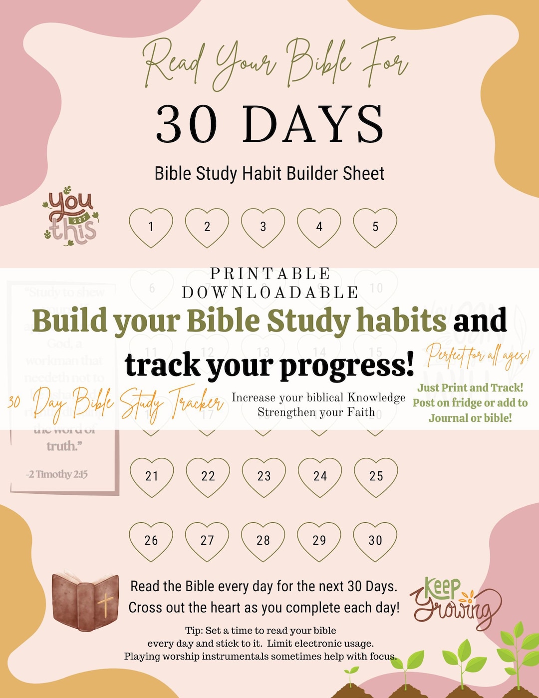 Bible Study 30 Day Goal & Tracker Sheet Printable 4 Design Pack - Etsy