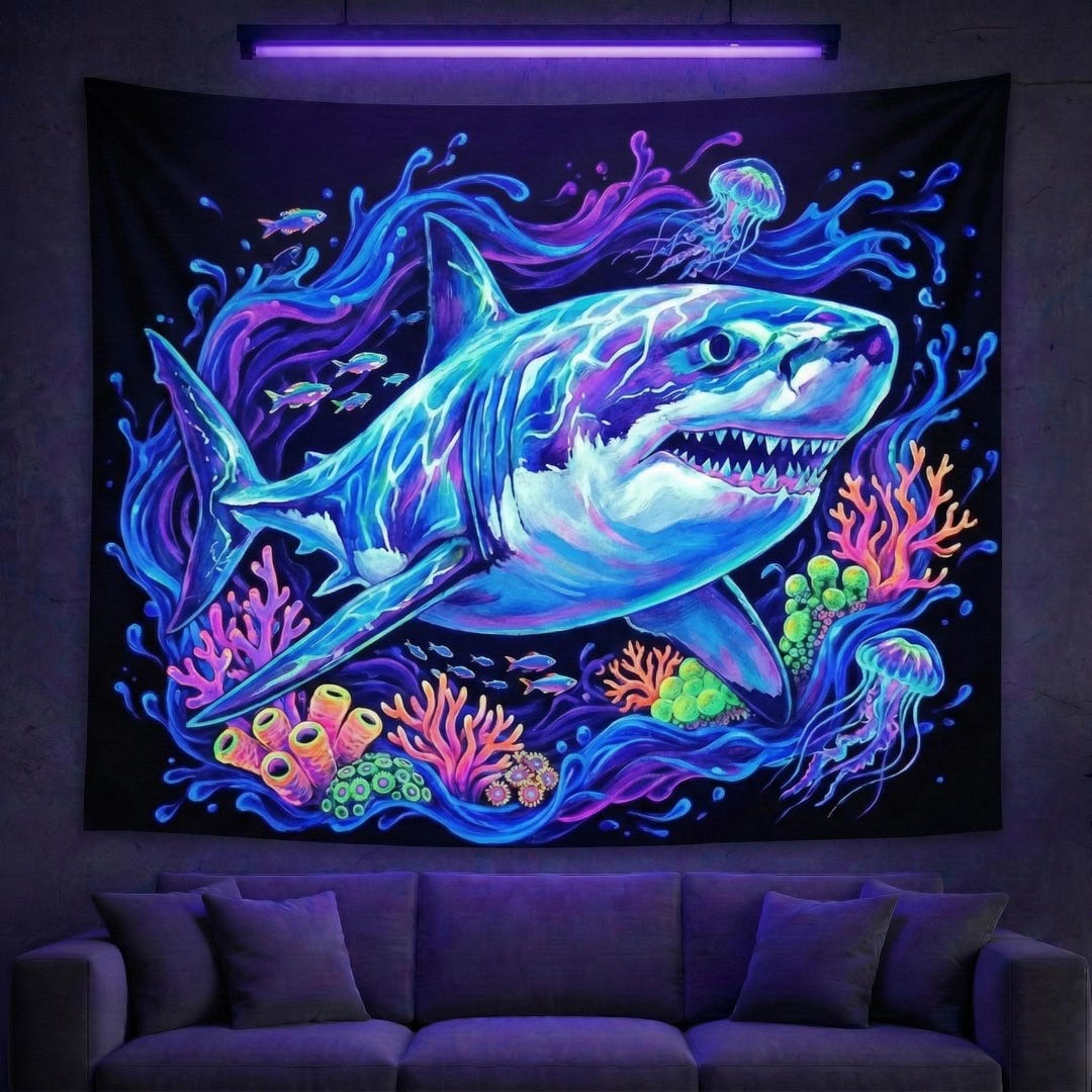 Apex Predator Great White Shark Blacklight Tapestry - UV Reactive Ocean ...