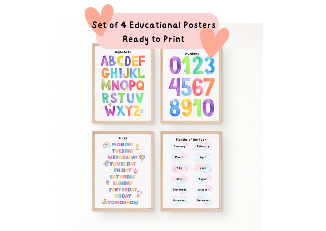 Set of 4 Printable Educational Posters With Alphabets Numbers Days ...