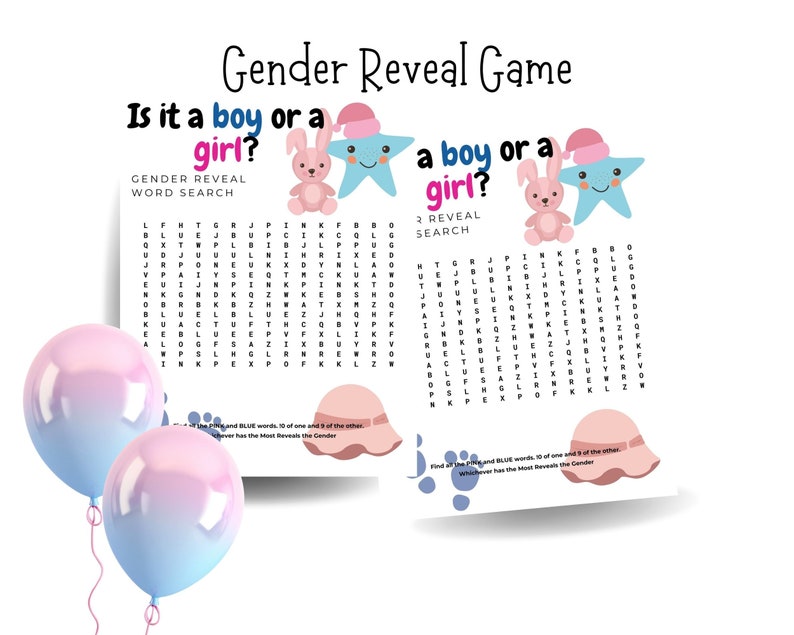 Gender Reveal Word Search, Featuring Pink & Blue Stuffed Animals. This ...