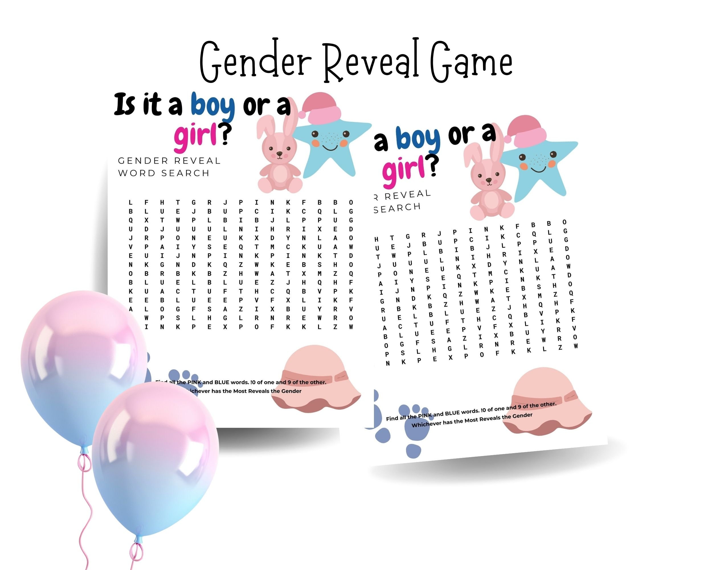 Gender Reveal Word Search, Featuring Pink & Blue Stuffed Animals. This ...