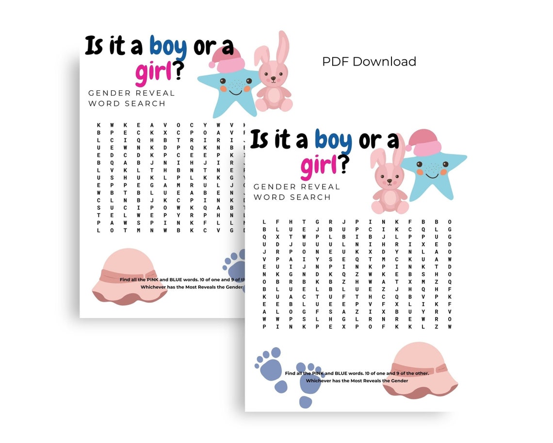 Gender Reveal Word Search, Featuring Pink & Blue Stuffed Animals. This ...
