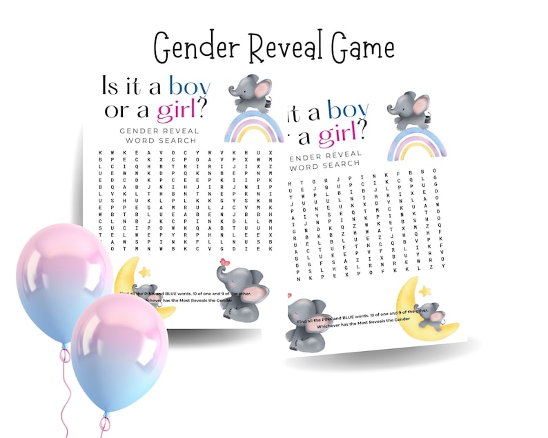 Gender Reveal Word Search, Featuring Adorable Baby Elephant. This Game ...