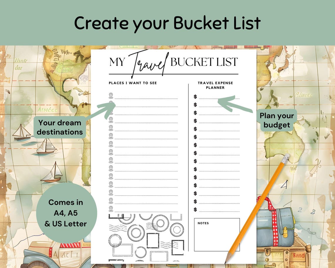 Travel Bucket List Printable, Bucket List Planner Insert, Bucket List ...