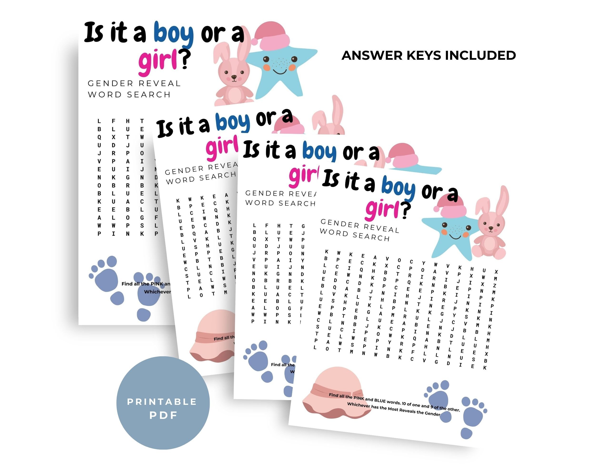 Gender Reveal Word Search, Featuring Pink & Blue Stuffed Animals. This ...