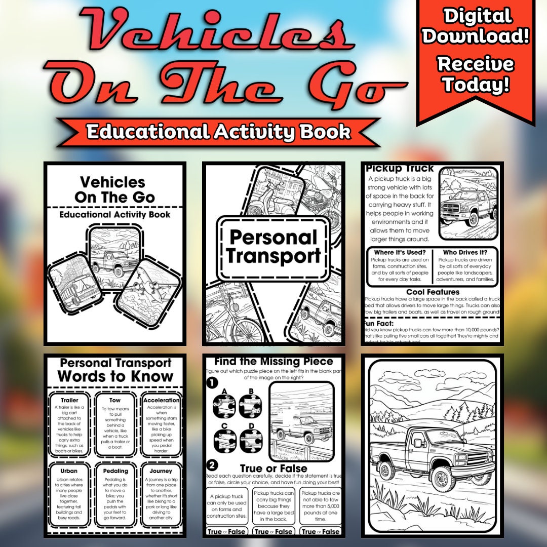 Vehicles on the Go: Printable Educational Activity Book - Etsy