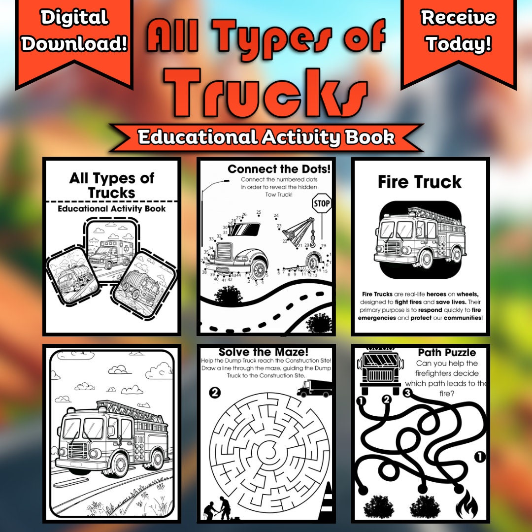 All Types of Trucks: Printable Educational Activity Book - Etsy