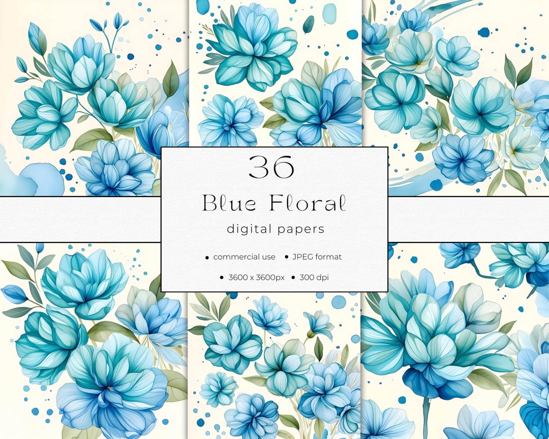 Blue Floral Digital Papers Commercial Use INSTANT DOWNLOAD Pastel Blue ...