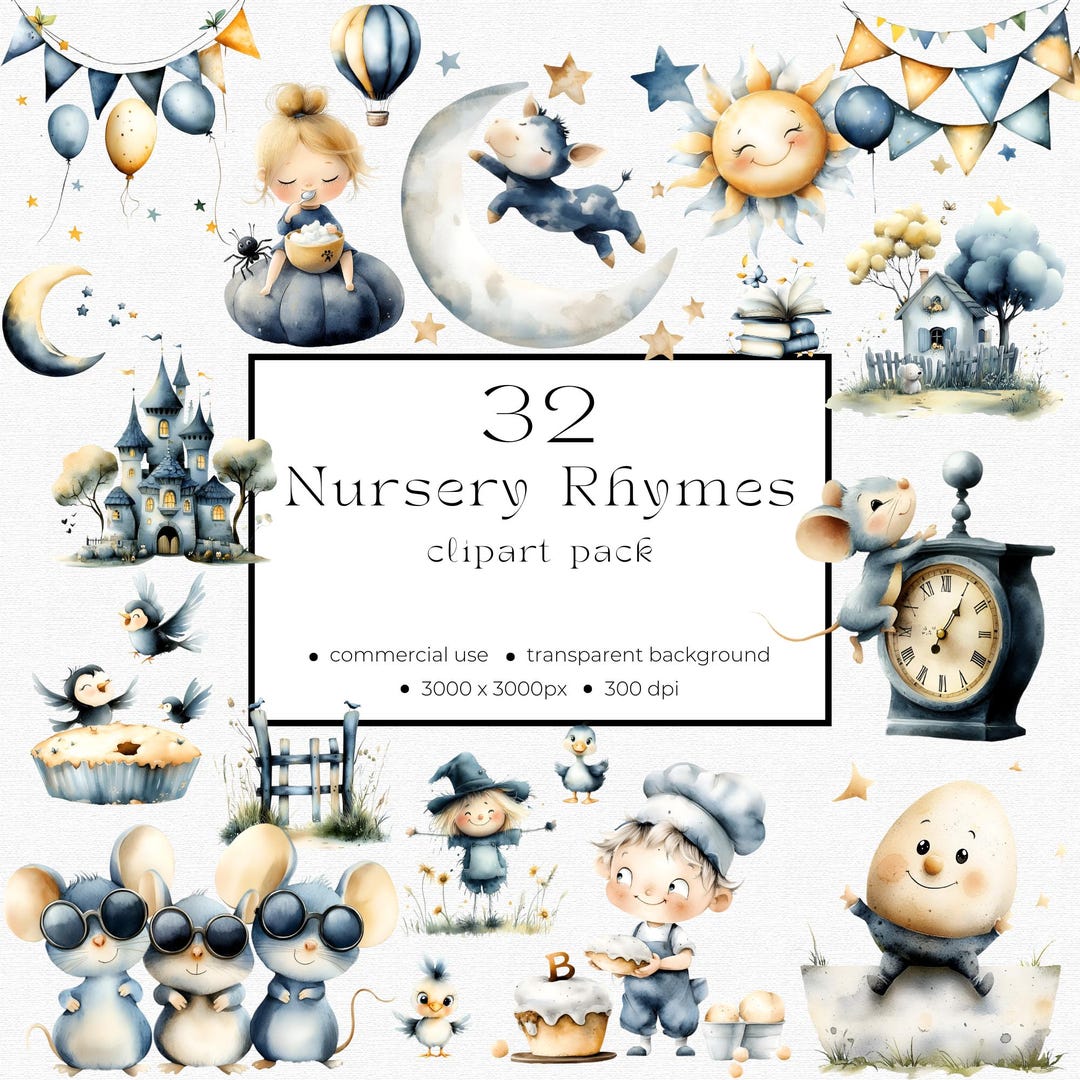 Nursery Rhymes Commercial Use Clipart INSTANT DOWNLOAD Watercolour ...