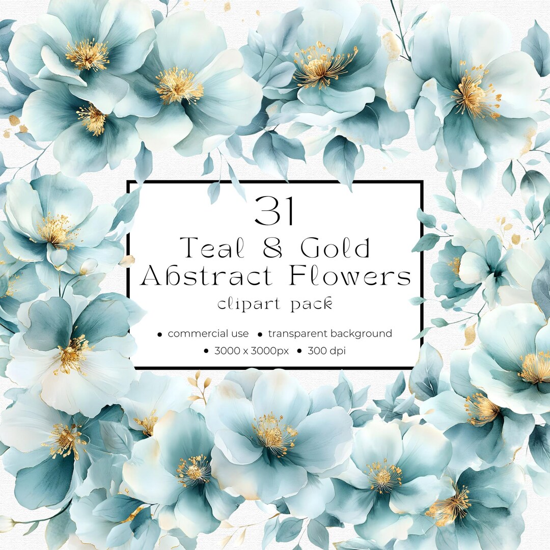Teal & Gold Floral Bouquet Commercial Use Clipart INSTANT DOWNLOAD ...