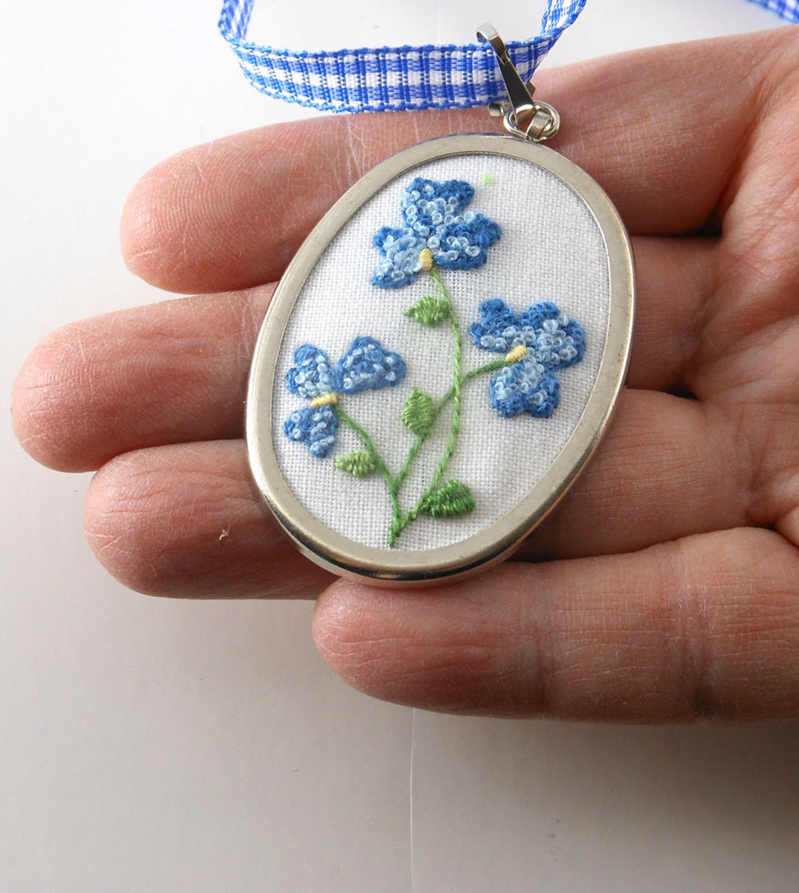 Pendant Hand Embroidered Blue Flowers With Adjustable Ribbon - Etsy