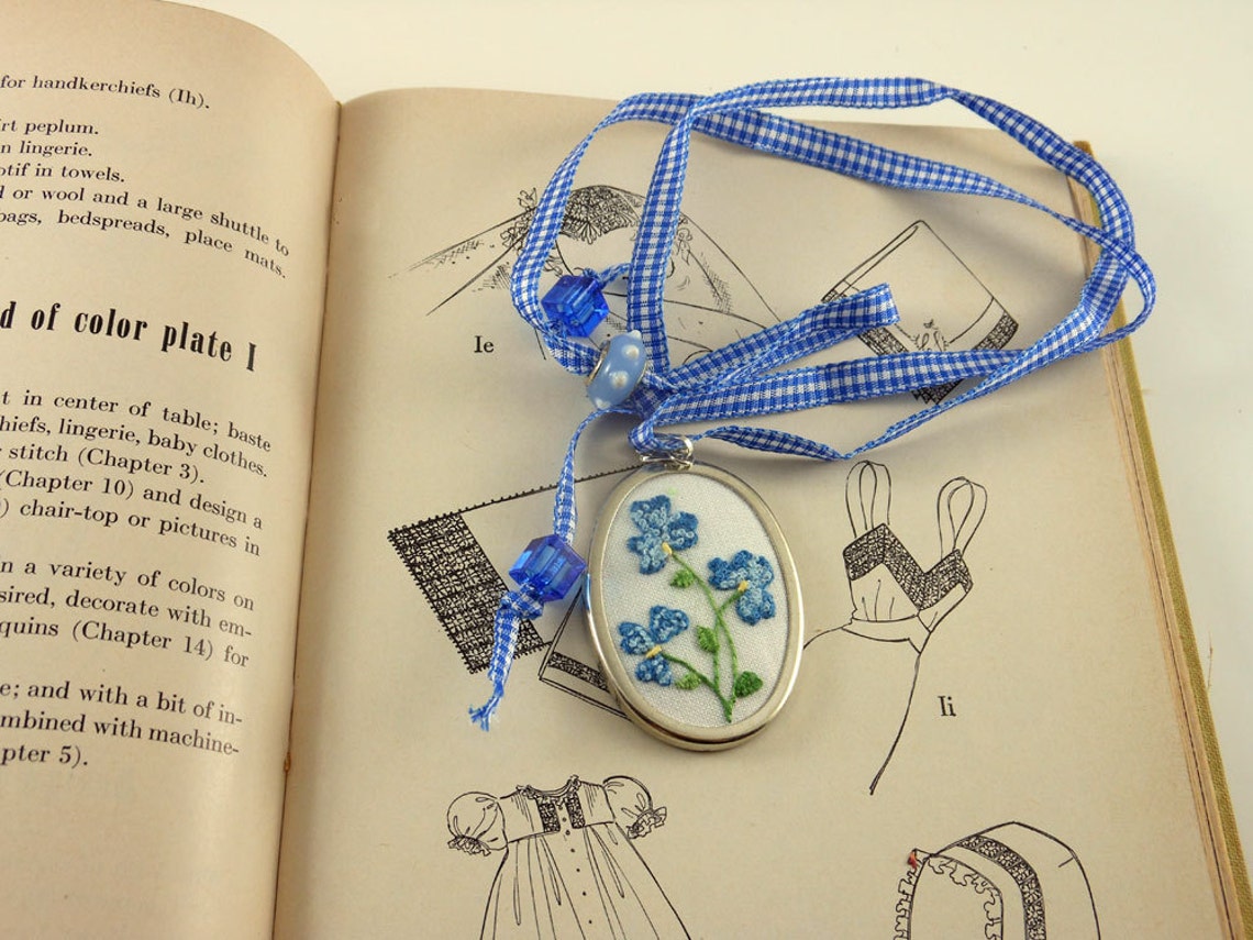 Pendant Hand Embroidered Blue Flowers With Adjustable Ribbon - Etsy