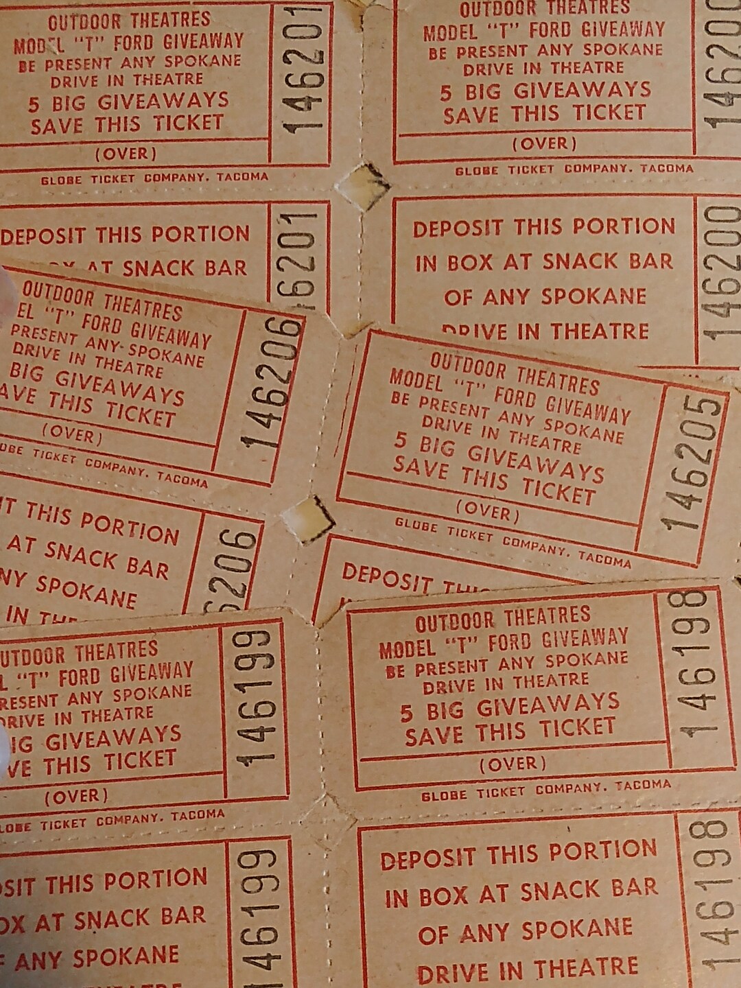 16pc Vintage Raffle Ticket Strip / Ford Model T / Spokane Drive-in ...