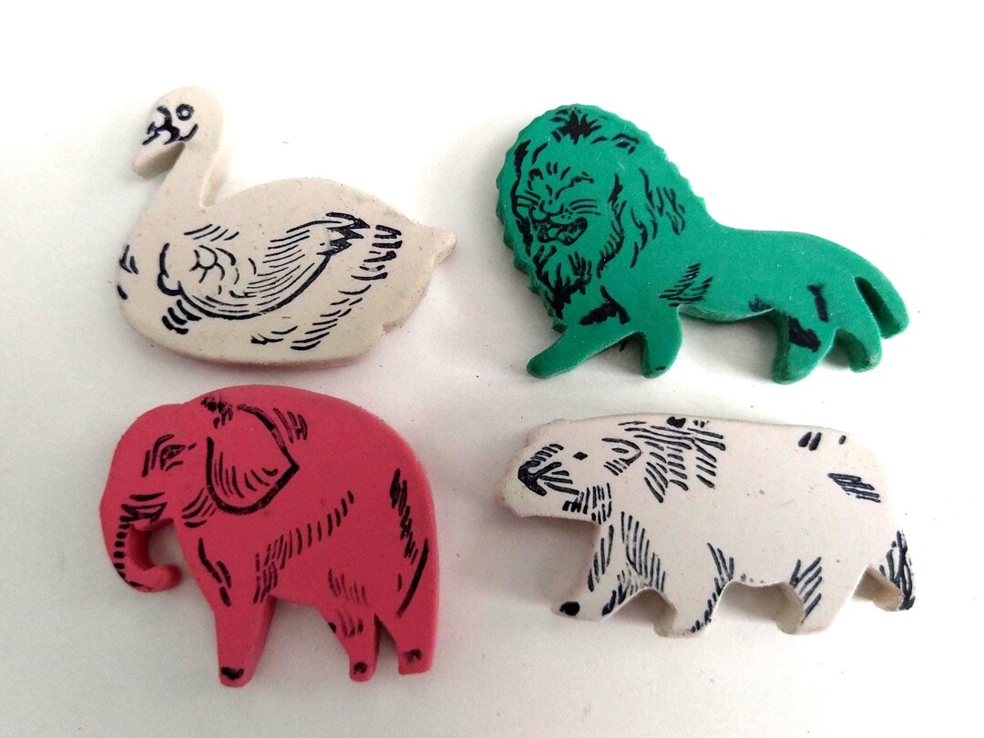 6pc Vintage ANIMAL Erasers / New Old Stock / Swan, Polar Bear, Pelican ...