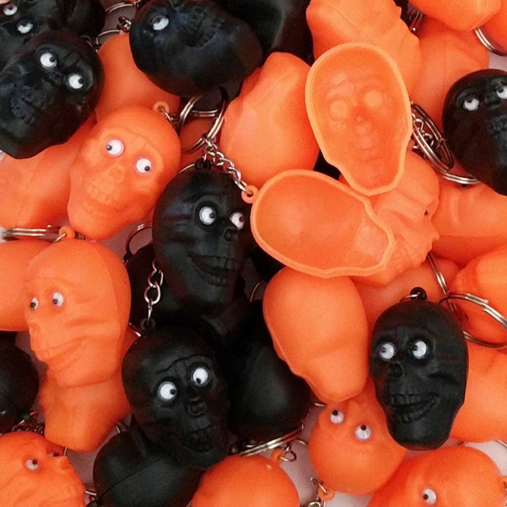 3pc ORANGE + BLACK Halloween Googly Eye Skull Key Chains Lot / Candy ...