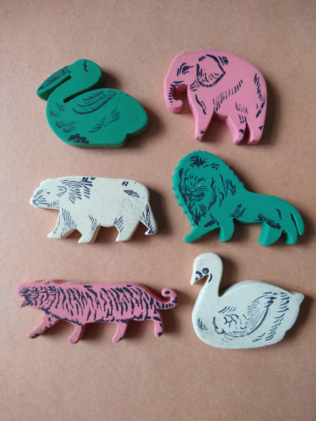 6pc Vintage ANIMAL Erasers / New Old Stock / Swan, Polar Bear, Pelican ...