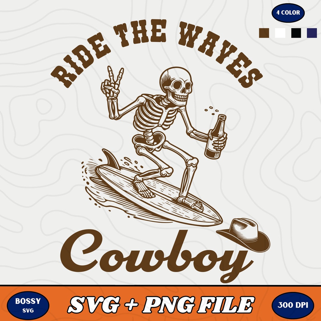 Surfing Cowboy Skeleton SVG: Western Retro Design (PNG) - Etsy
