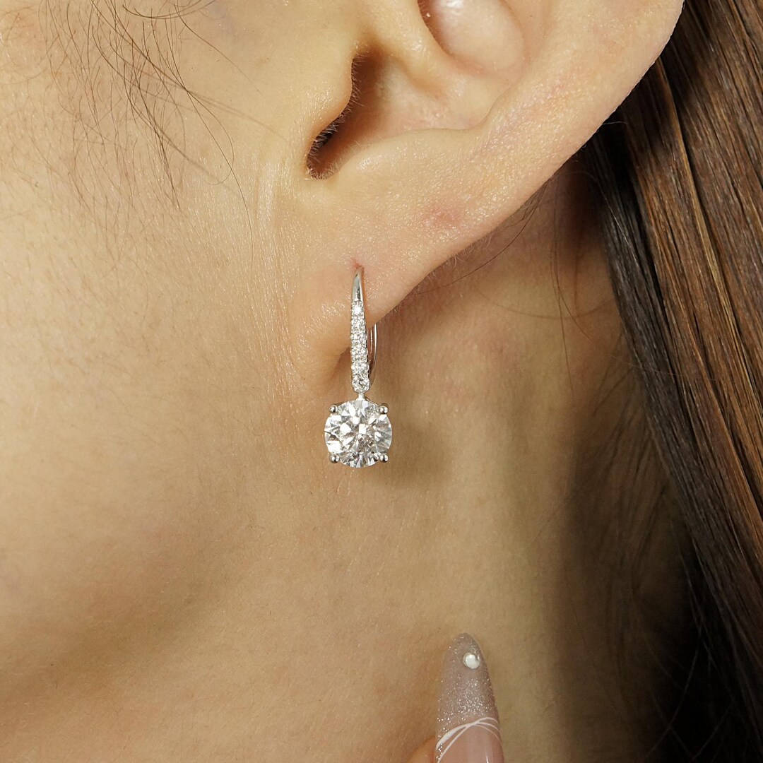14K White Gold Round Drop Solitaire Lab Grown Leverback Hook Earrings,2 ...