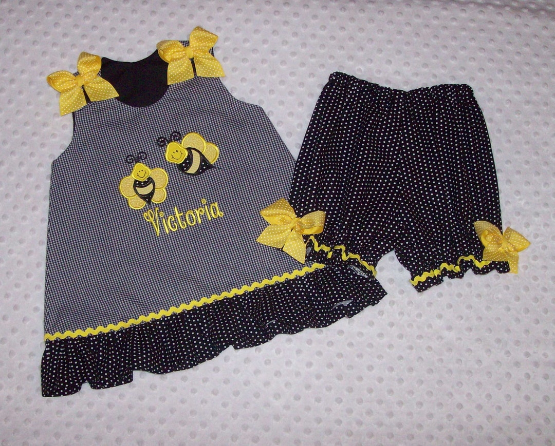Bumble Bees Applique Monogram A-line Top With Black Dot Bloomers Set ...