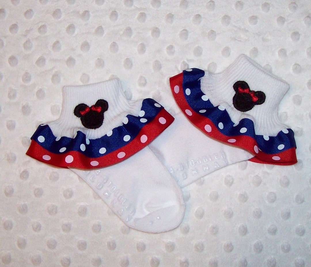 Minnie Mouse Applique Blue Dot and Red Dot Double Ruffle Ribbon Socks ...